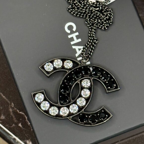 CHANEL | Jewelry | Authentic Chanel Xl Logo Pendant Blackwhite Crystal ...